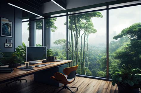Office With View Of Lush Forest Filled With Towering Trees And