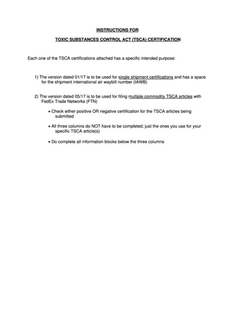 Fillable Toxic Substance Control Act Tsca Certification Printable Pdf