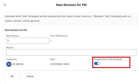 PM Action New Revision Reapply Work Task Template IFS Community