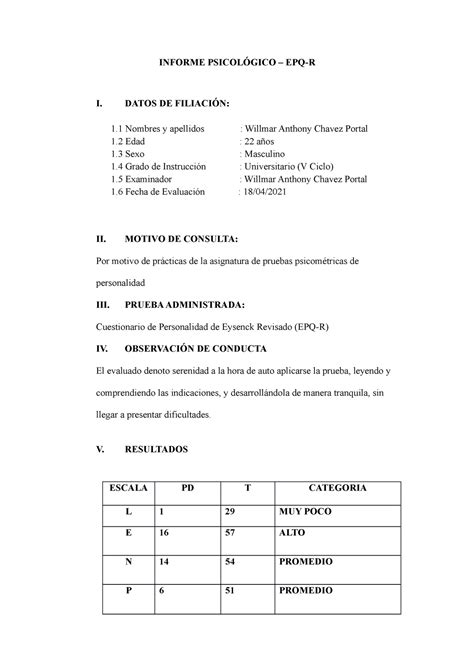 Informe Psicologico EPQR INFORME PSICOLÓGICO EPQ R I DATOS DE