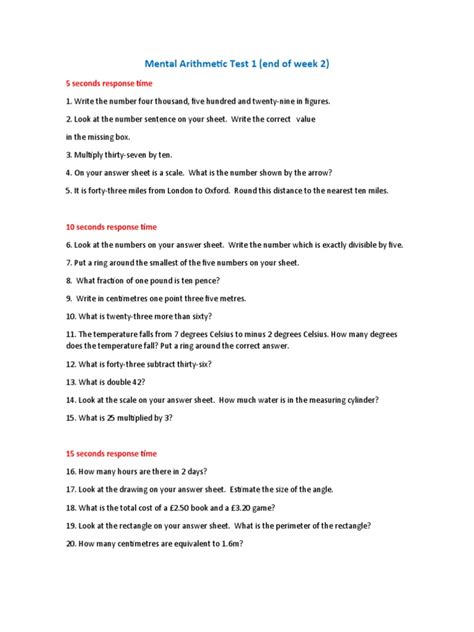 Mental Arithmetic Test 1 Pdf