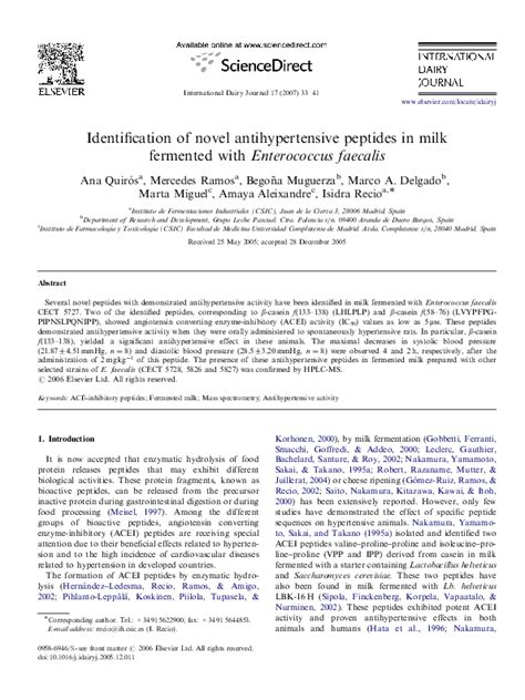 Identification Of Novel Antihypertensive Peptides In Milk Fermented With Enterococcus Faecalis