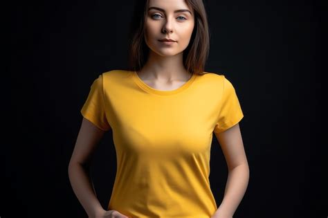 Premium Ai Image Woman Wearing A Yellow T Shirt With Blue Eyes