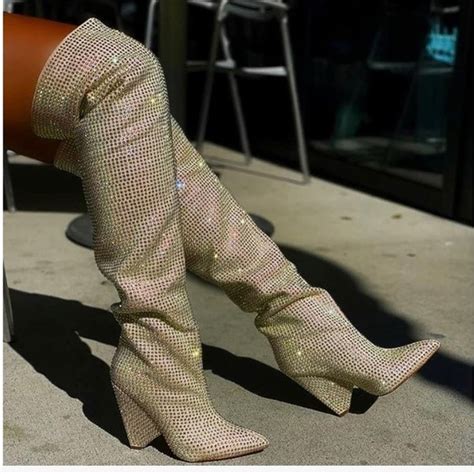 Liliana Shoes Nude Iridescent Rhinestone Over The Kneethigh High