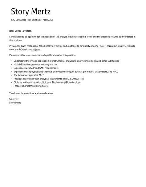 Lab Analyst Cover Letter Velvet Jobs