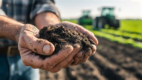 Manos Sosteniendo Tierra En Tierras De Cultivo Con Tractor En La
