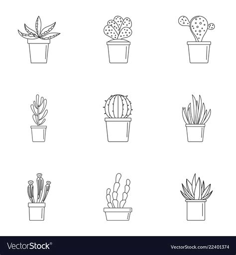 Succulent Cactus Icon Set Outline Style Royalty Free Vector