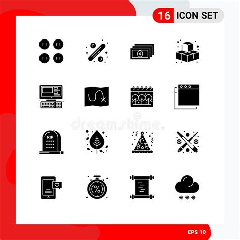 Set Of 16 Vector Solid Glyphs On Grid For Map System Money Monitor