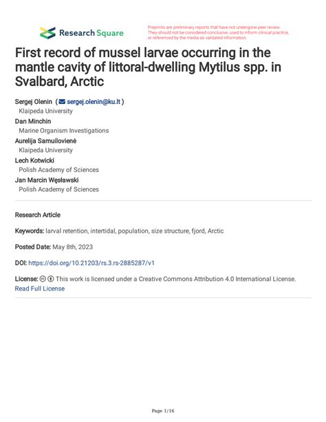 Pdf First Record Of Mussel Larvae Occurring In The Mantle Cavity Of Littoral Dwelling Mytilus