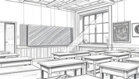 Empty Classroom Sketch A Monochromatic Drawing Of A Traditional