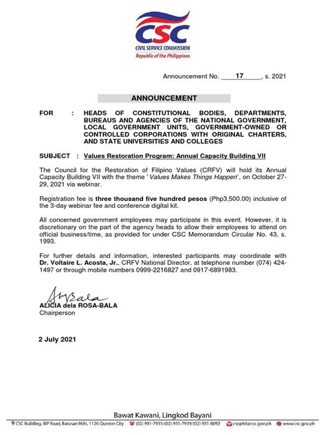 Values Restoration Program Announcement No 17 S 2021 Pdf