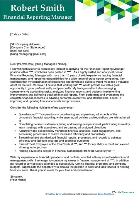 Financial Reporting Manager Cover Letter Examples Qwikresume
