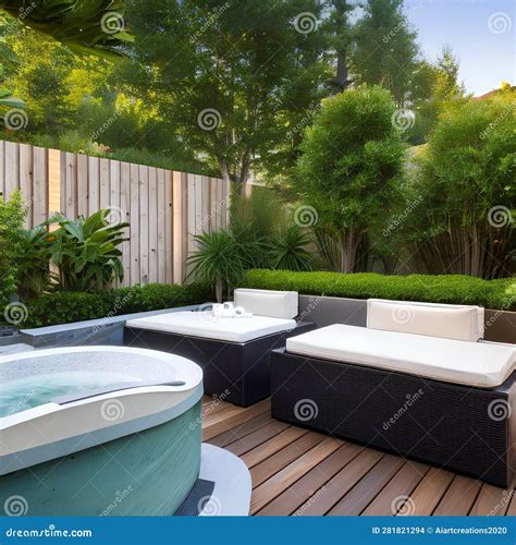 A Tranquil Outdoor Spa Area With A Hot Tub A Lounge Space And Lush