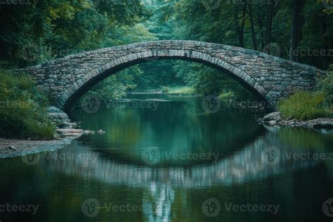 Tranquil Stone Bridge Arching Over Serene Waters In A Forested