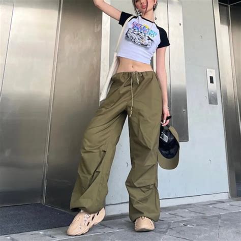 Simon Women Oversized Baggy Cargo Pants Loose Fit Low Waist Drawstring