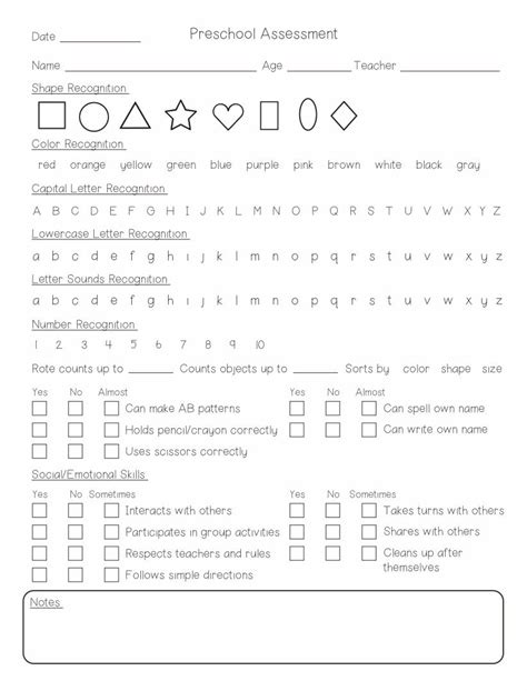 Printable Preschool Assessment Preschool Assessment Kindergarten
