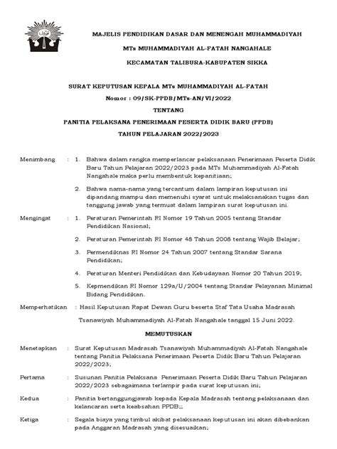 Sk Panitia Ppdb 2022 2023 Pdf