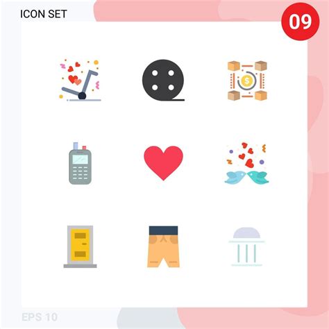 Mobile Interface Flat Color Set Of 9 Pictograms Of Heart Wireless Currency Receiver Phone