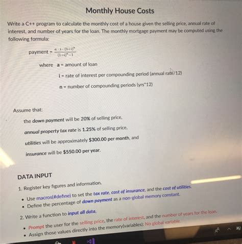 Solved Monthly House Costs Write A C Program To Calculate Chegg