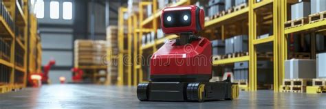 Friendly Red Robotic Assistant In Warehouse Aisle Stock Illustration