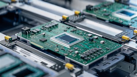 조립 라인에 고급 마이크로칩이 있는 회로 기판 전자 장치 생산 산업 완전 자동화된 Pcb 조립 라인 전자 제품 제조 시설 또는
