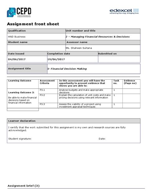 Mfr Assignment 3 Front Sheetd Pdf Real Estate Appraisal