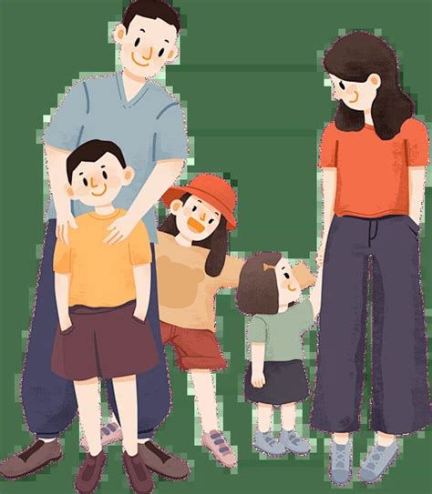 三孩时代主题扁平风格插画 看镜头的一家五口 花瓣网