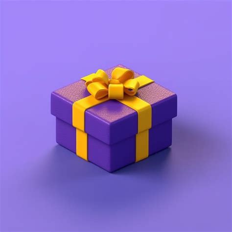 보라색 단색 배경에 노란색 리본이 있는 진한 보라색 선물 상자의 3d 그림 프리미엄 사진