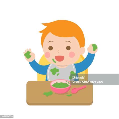 Ilustración De Lindo Bebé Comiendo Agarrando Comida Con Los Dedos Mesa
