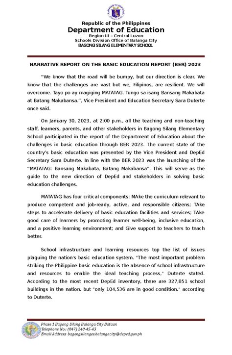 Narrative Report On Ber Department Of Education Region Iii Central Luzon Schools Division