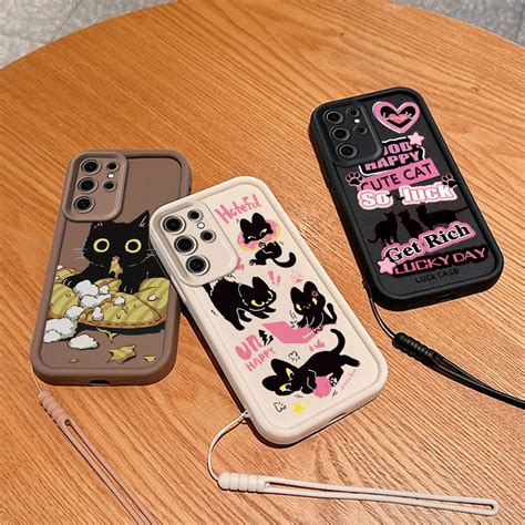funda de tel fono de gato negro con correa de mano cubierta para oppo