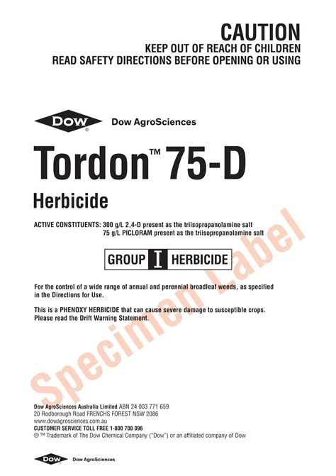 Tordon 75 D Herbicide Label The Dow Chemical Company