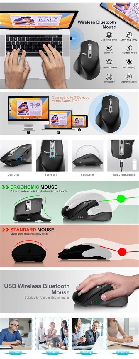 Arteck Md172 Multi Device Wireless Bluetooth Mouse With Nano Usb A Usb C Receiver Ergonomic