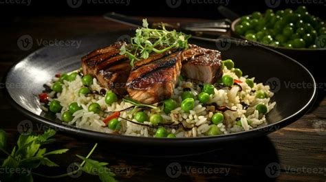 Photo Of Jerk Pork With Rice And Peas As A Dish In A High End