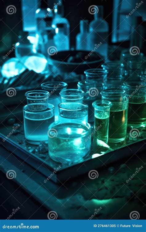 Dark Laboratory Room With Beakers With Colourful Fluids Created Using Generative Ai Technology