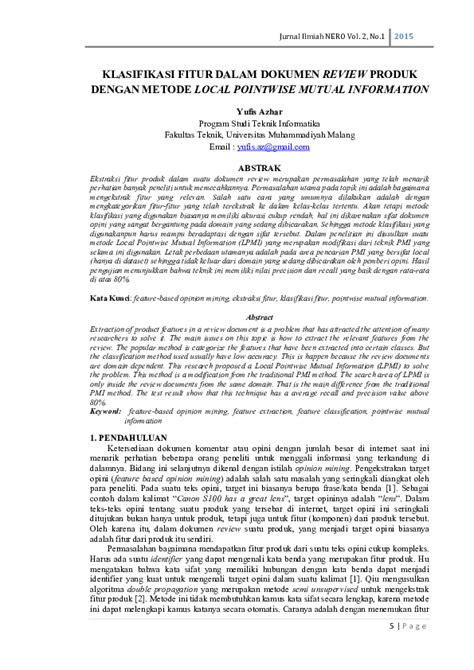 Pdf Klasifikasi Fitur Dalam Dokumen Review Produk Dengan Metode Local Pointwise Mutual Information