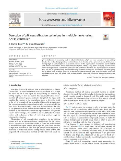 Detection Of Ph Neutralization Technique In Multiple Tanks Using Anfis Controller Elsevier