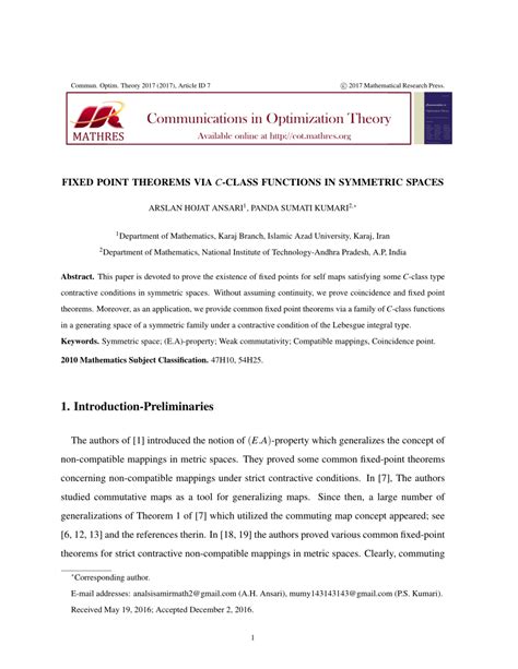 Pdf Fixed Point Theorems Via C Class Functions In Symmetric Spaces