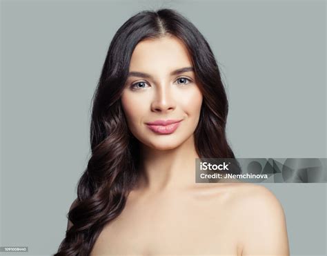 Smiling Brunette Woman Girl With Long Perfect Curly Hair And Makeup