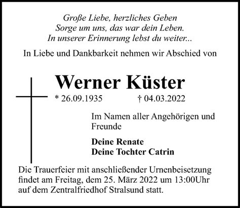 Traueranzeigen von Werner Küster trauer anzeigen de