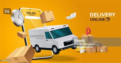 모바일 애플리케이션을 통한 온라인 배송 서비스의 일러스트레이션 온라인 주문 추적 가정 및 사무실 배달 서비스 도시 물류 창고 트럭 지게차 택배 배달원 모바일 무인택배함에