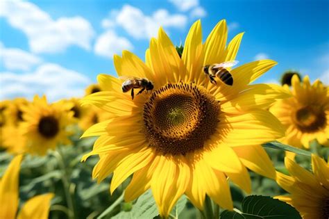 Premium Ai Image Honeybee Collecting Nectar From A Field Of Blooming Sunflowers With Pollen Premium Ai Image Honeybee Collecting Nectar From A Field Of Blooming Sunflowers With Pollen