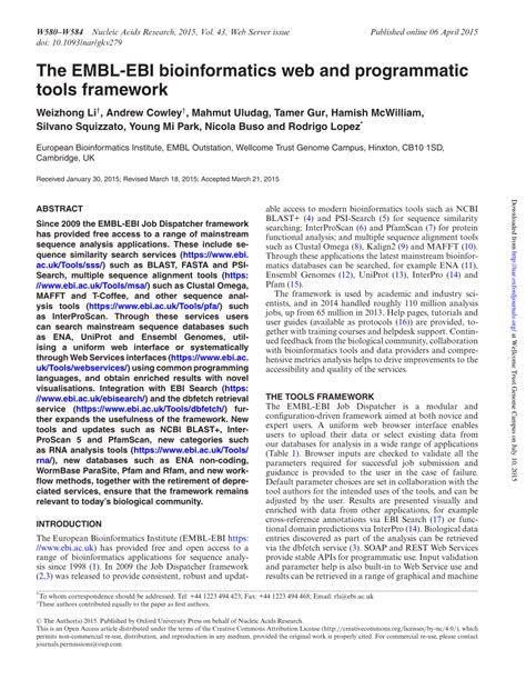 Pdf The Embl Ebi Bioinformatics Web And Programmatic Tools Framework