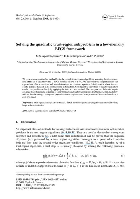 Pdf Solving The Quadratic Trust Region Subproblem In A Low Memory Bfgs Framework