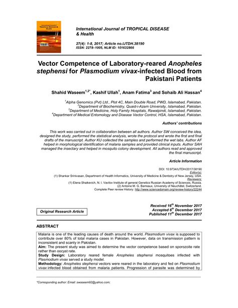 Pdf Vector Competence Of Laboratory Reared Anopheles Stephensi For