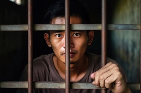 Un Prisionero Asiático En Una Celda Tras Las Rejas Joven En Prisión