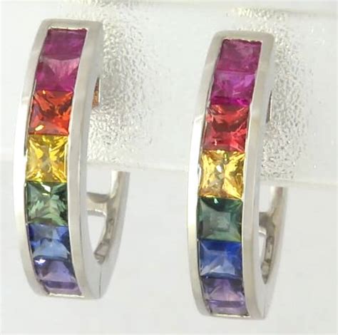 3 Ctw Princess Cut Rainbow Sapphire Hoop Earrings In 14k White Gold