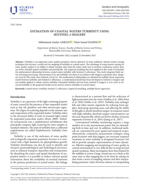 Estimation Of Coastal Waters Turbidity Using Senti Pdf Remote