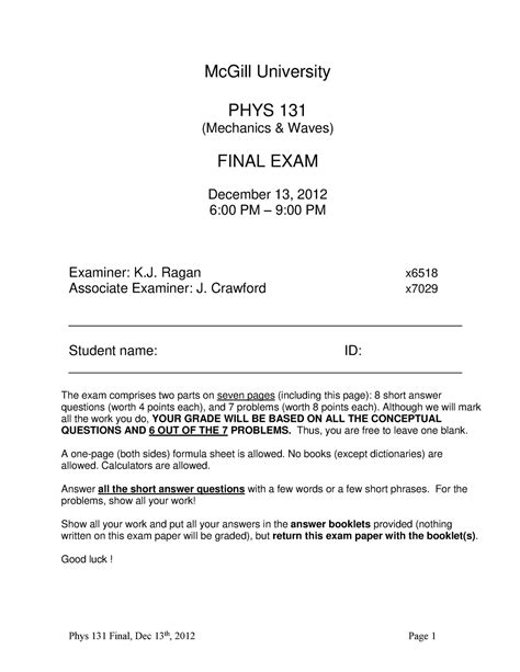 Final December 2012 Questions McGill University PHYS 131 Mechanics