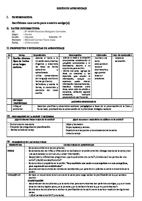 Sesion De Aprendizaje Leemos Y Escribimos Una Carta Pdf Vr